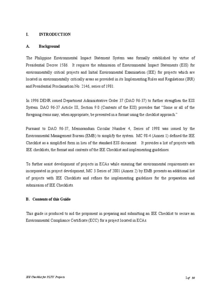 I. A. Background: IEE Checklist For PLTU Projects of 30 | PDF ...