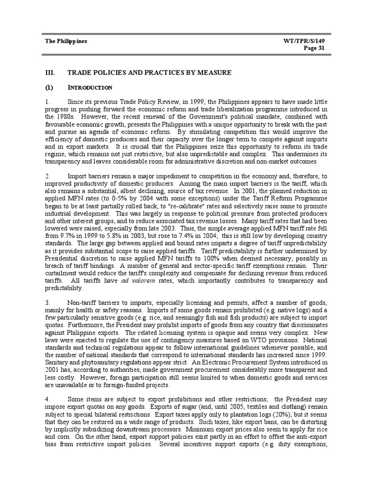 Iii. Trade Policies and Practices by Measure (1) I: The Philippines WT ...
