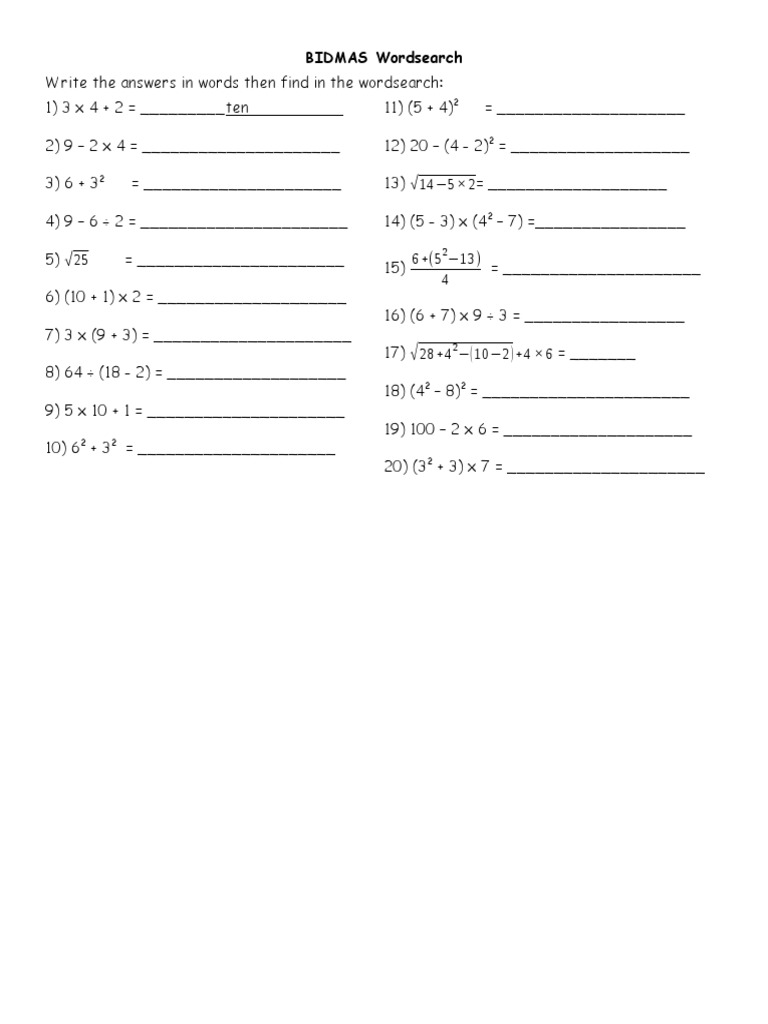 Full BIDMAS Wordsearch | PDF