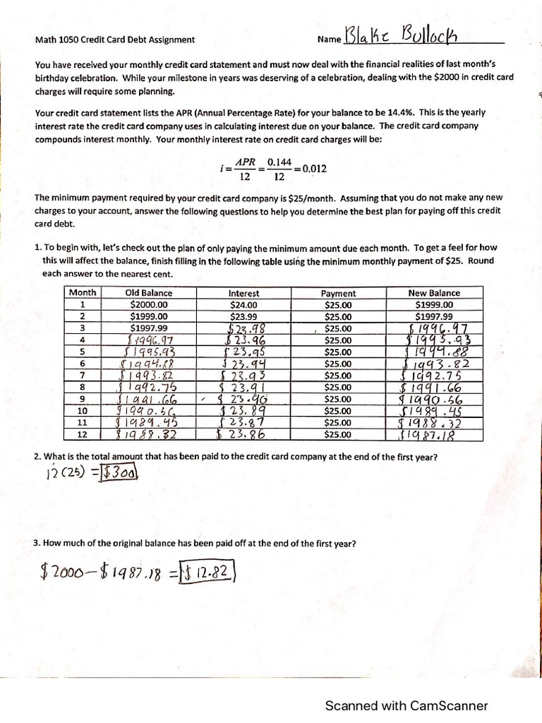 Math 1050 Credit Card Debt Assignment | PDF