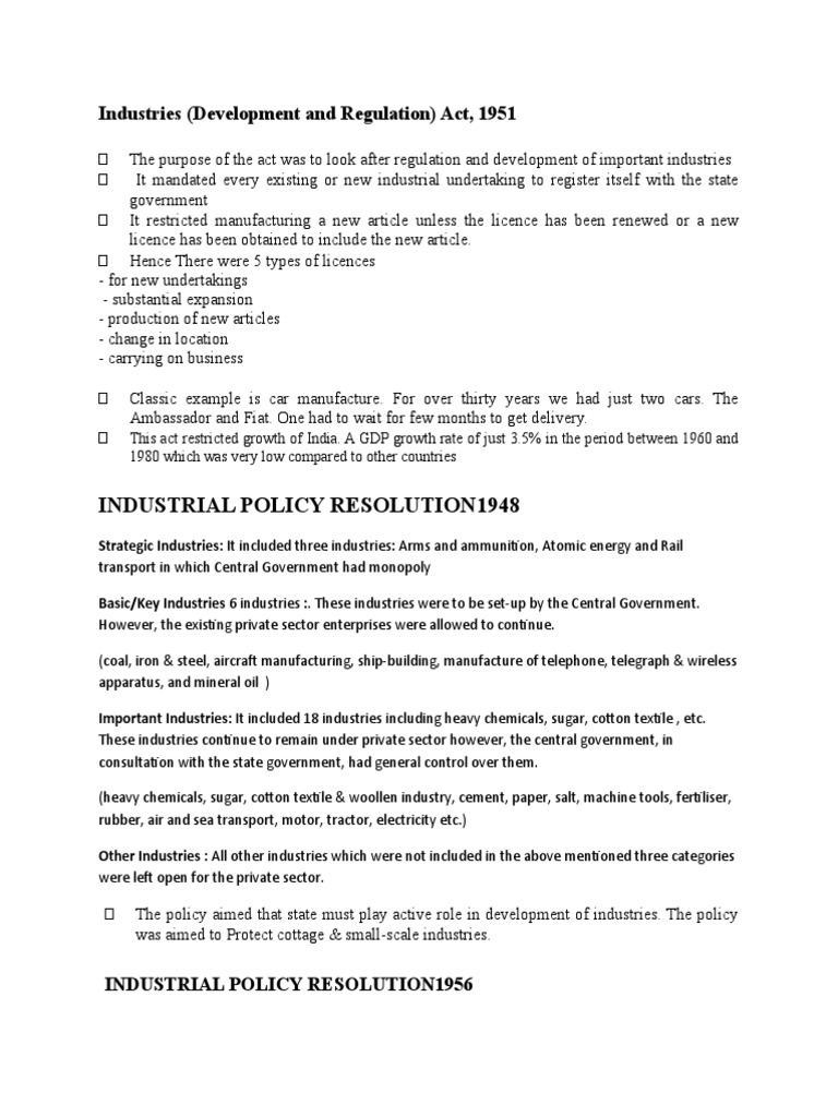 Industries (Development and Regulation) Act, 1951: Industrial Policy ...