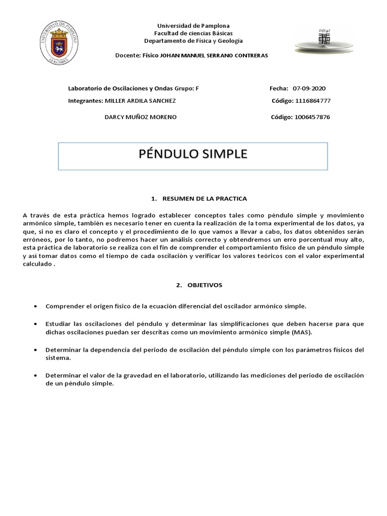 Informe Pendulo Simple. | PDF | Péndulo | Oscilación