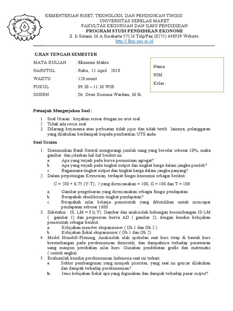 Soal UTS Eko Makro Lanjut 2018 | PDF