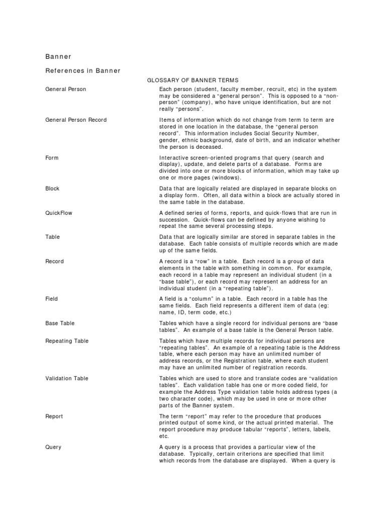 Banner References in Banner: Glossary of Banner Terms | PDF ...