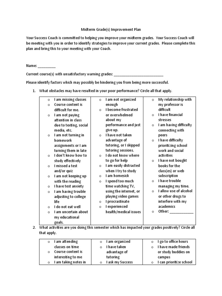 Midterm Grade-Improvement Plan | PDF | Homework | Behavioural Sciences