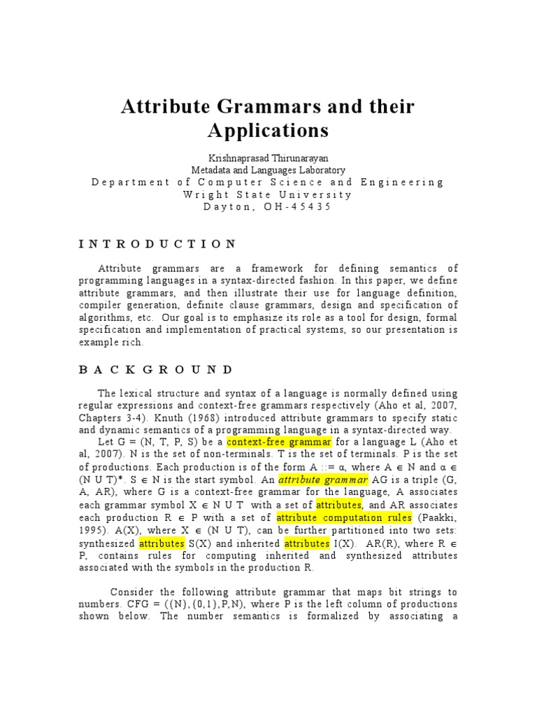 Attribute Grammars And Their Applications Pdf Parsing Xml