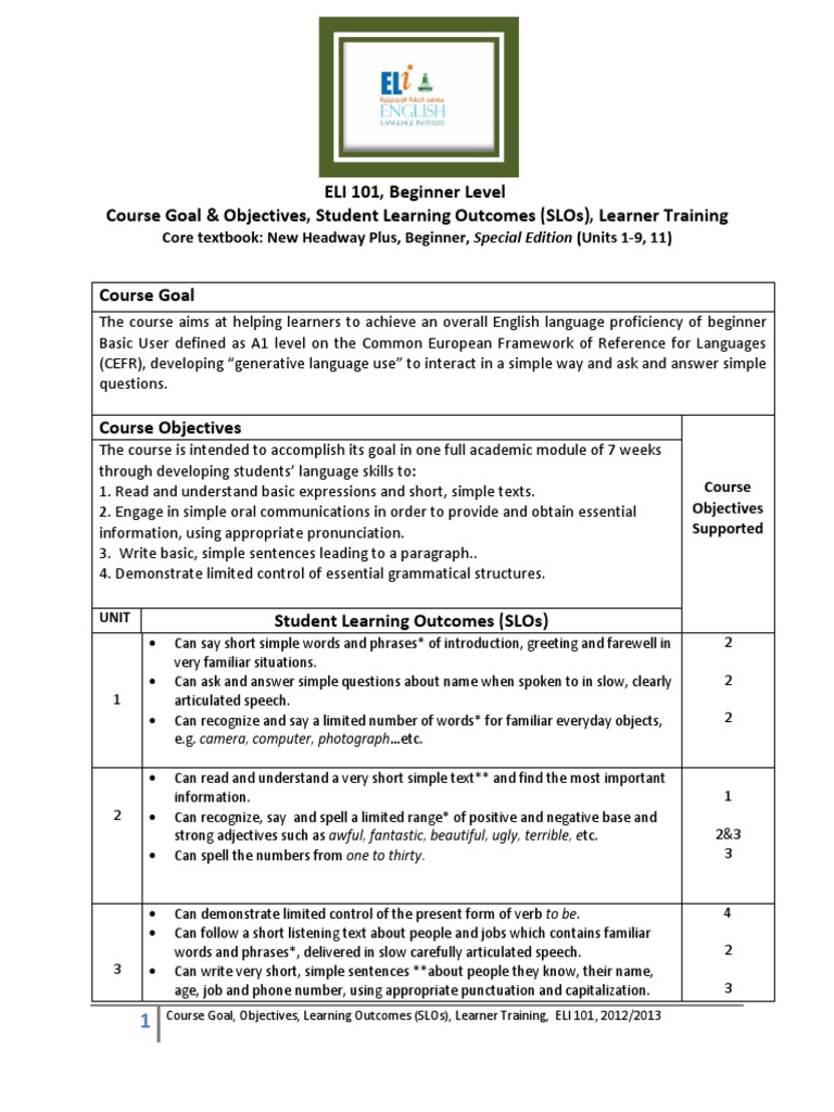 Eli 101, Beginner Level Course Goal & Objectives, Student Learning ...