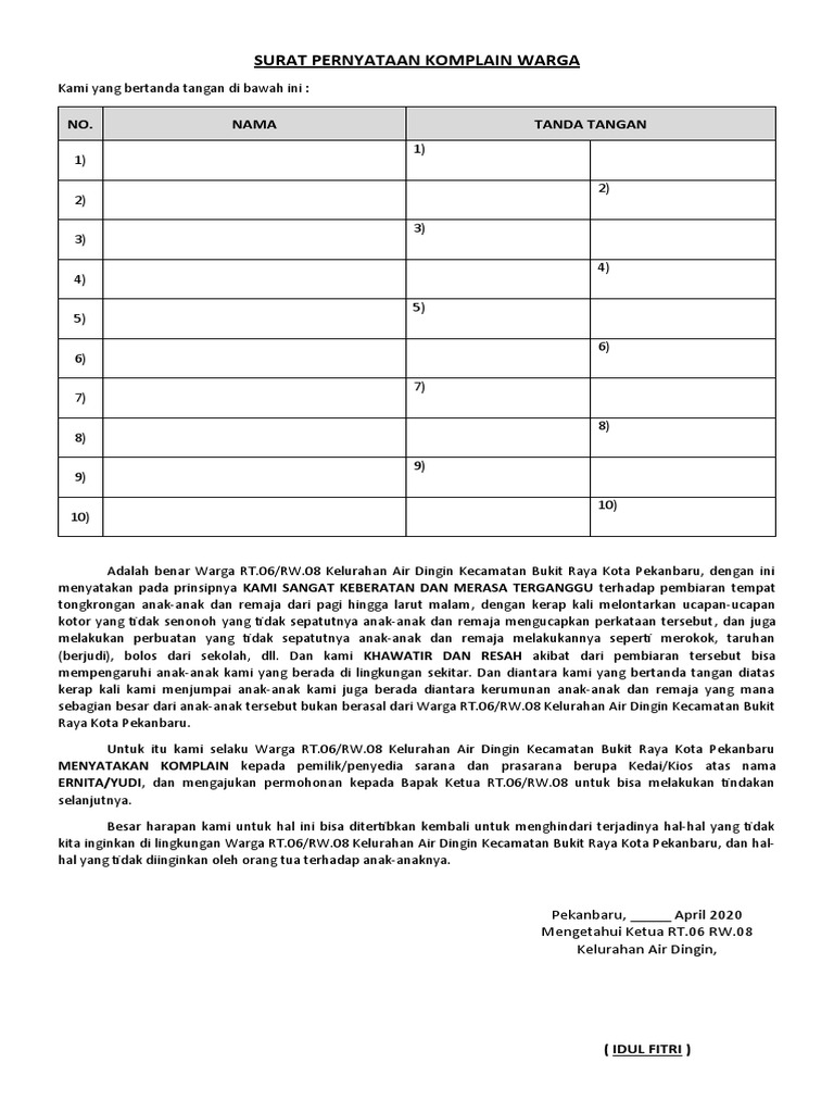 Surat Pernyataan Komplain Tetangga | PDF