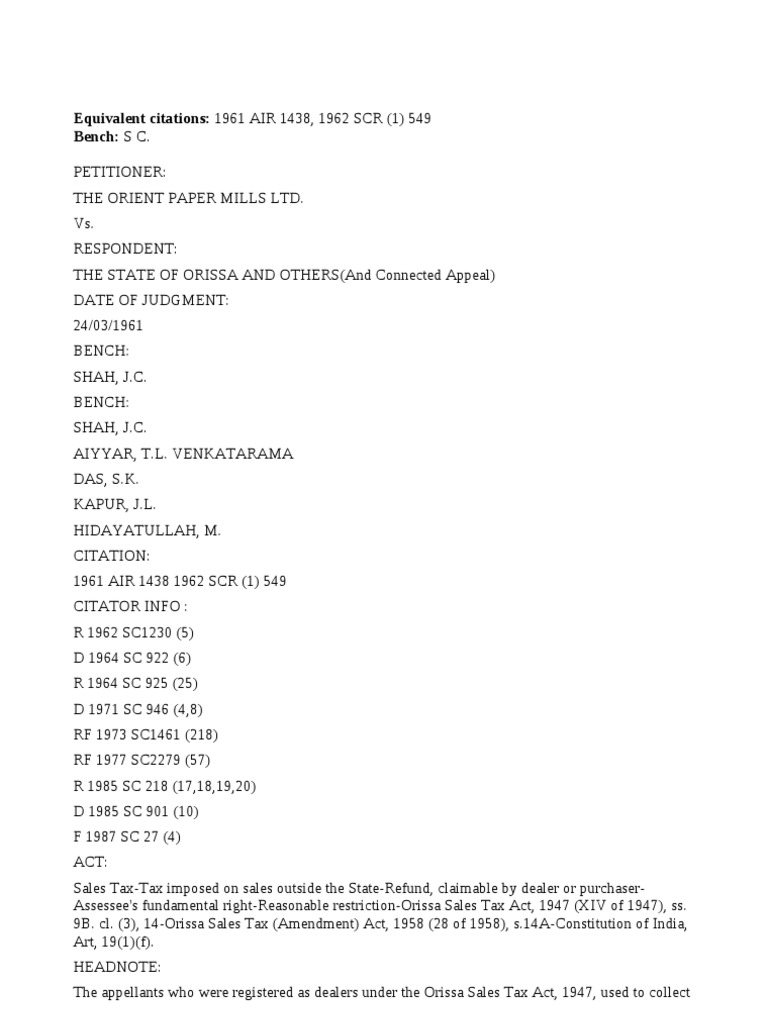 Orient Paper Mills v. State of Orissa | PDF | Taxes | Judgment (Law)