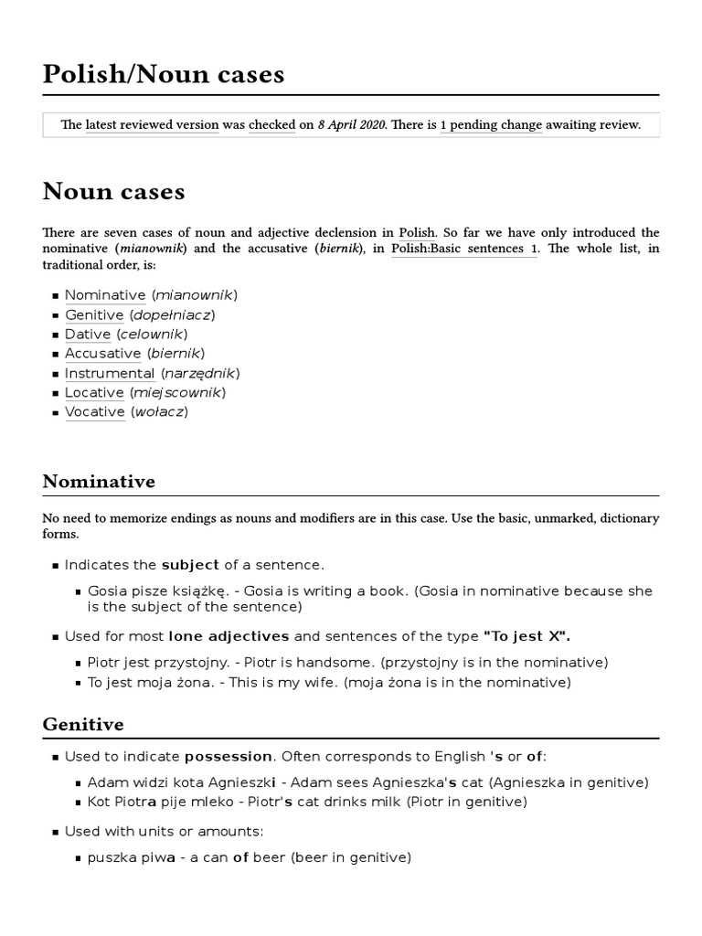 An Overview of the Seven Cases of Noun Declension in Polish | PDF ...