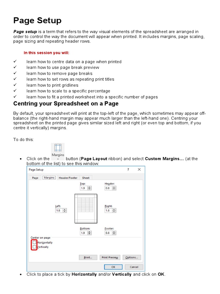 Page Setup: Centring Your Spreadsheet On A Page | PDF | Page Layout ...