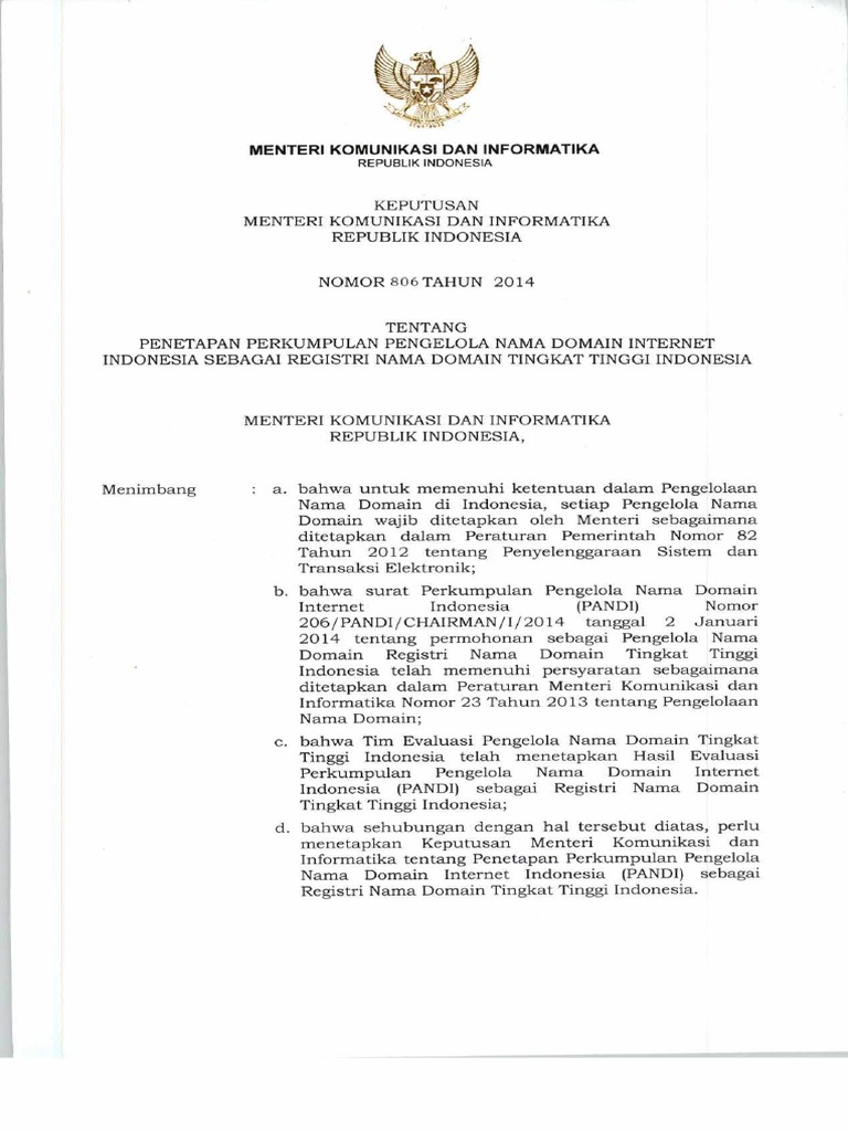 SK Penetapan PANDI Sebagai Registry - 0 PDF | PDF