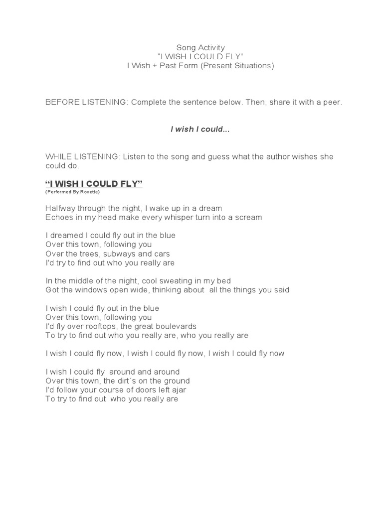 Roxette's "I Wish I Could Fly" Activity | PDF | Poetry