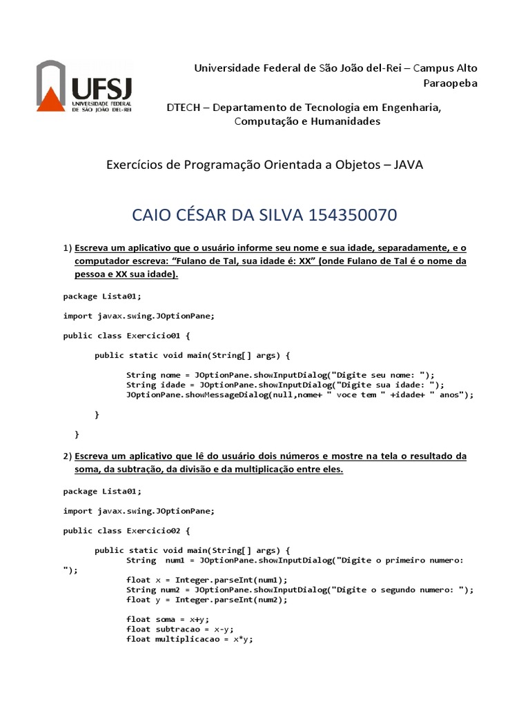 Lista1POO Exercícios de Programação Orientada A Objetos - JAVA | PDF ...