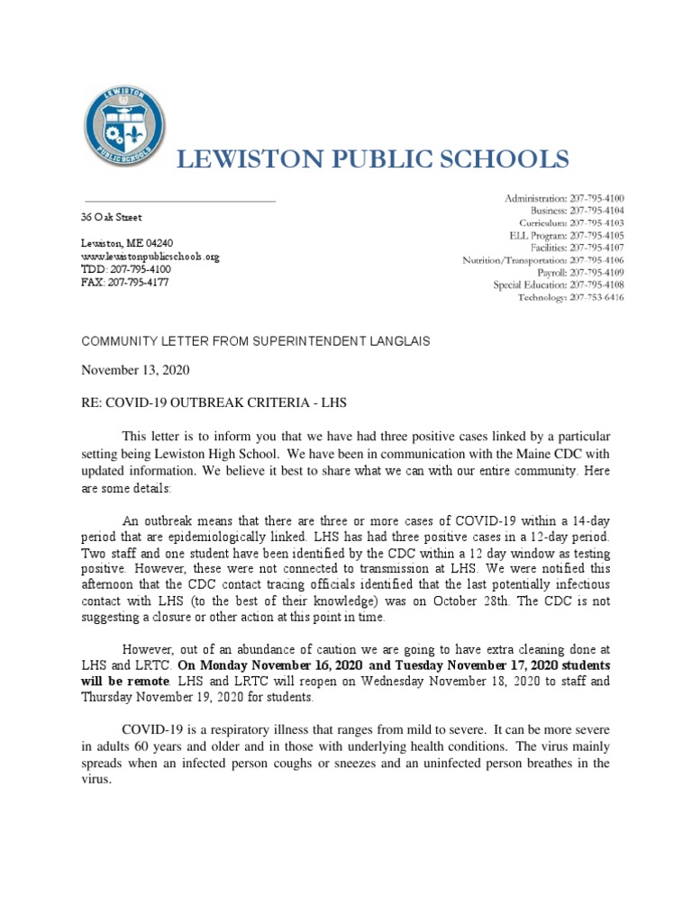 COVID-19 Update for Lewiston Schools | PDF | Animal Diseases | Health ...