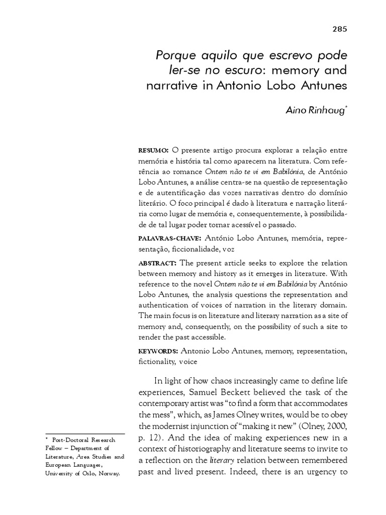Memory and Narrative in Antonio Lobo Antunes PDF | PDF | Rituals | Memory