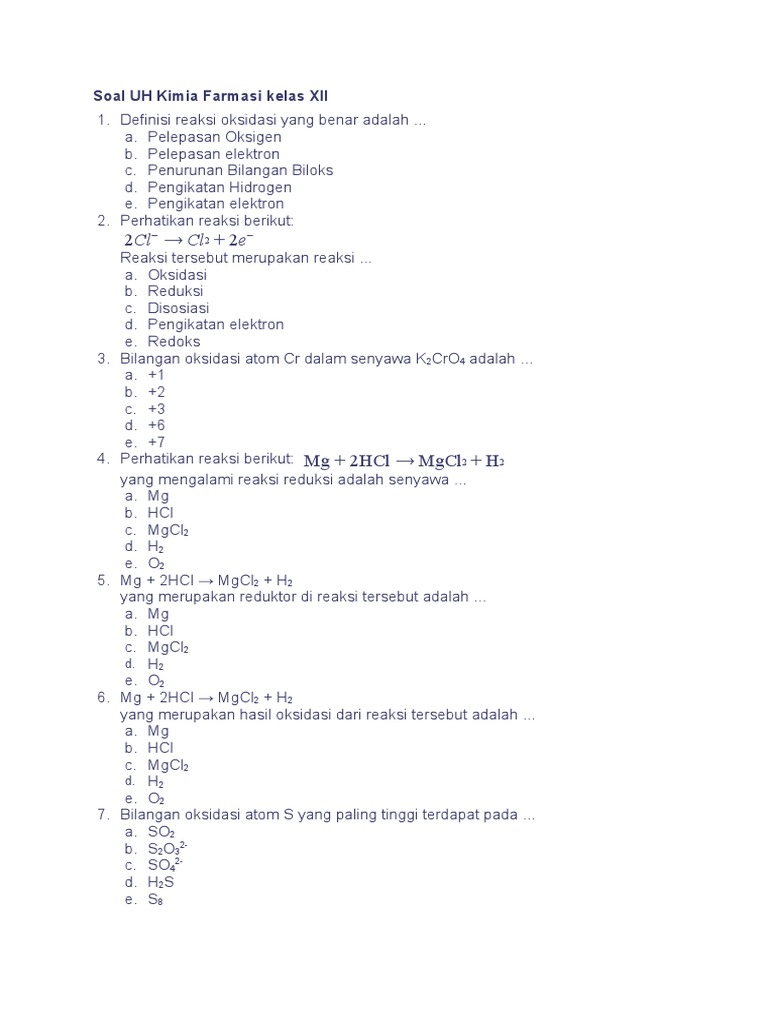 Soal Kimia Farmasi XII: Oksidasi & Reduksi | PDF