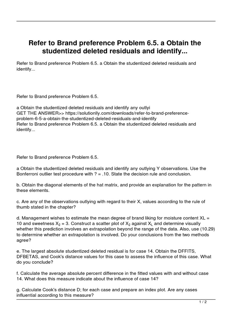 Refer To Brand Preference Problem 6 5 A Obtain The Studentized Deleted ...