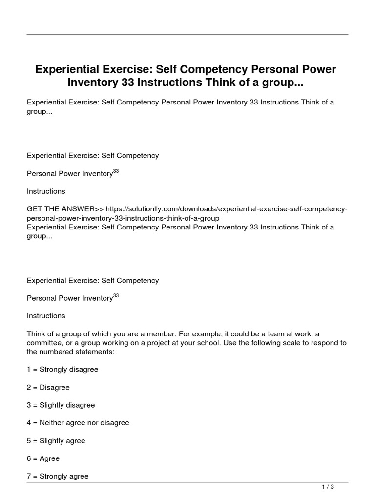 Experiential Exercise Self Competency Personal Power Inventory 33 ...