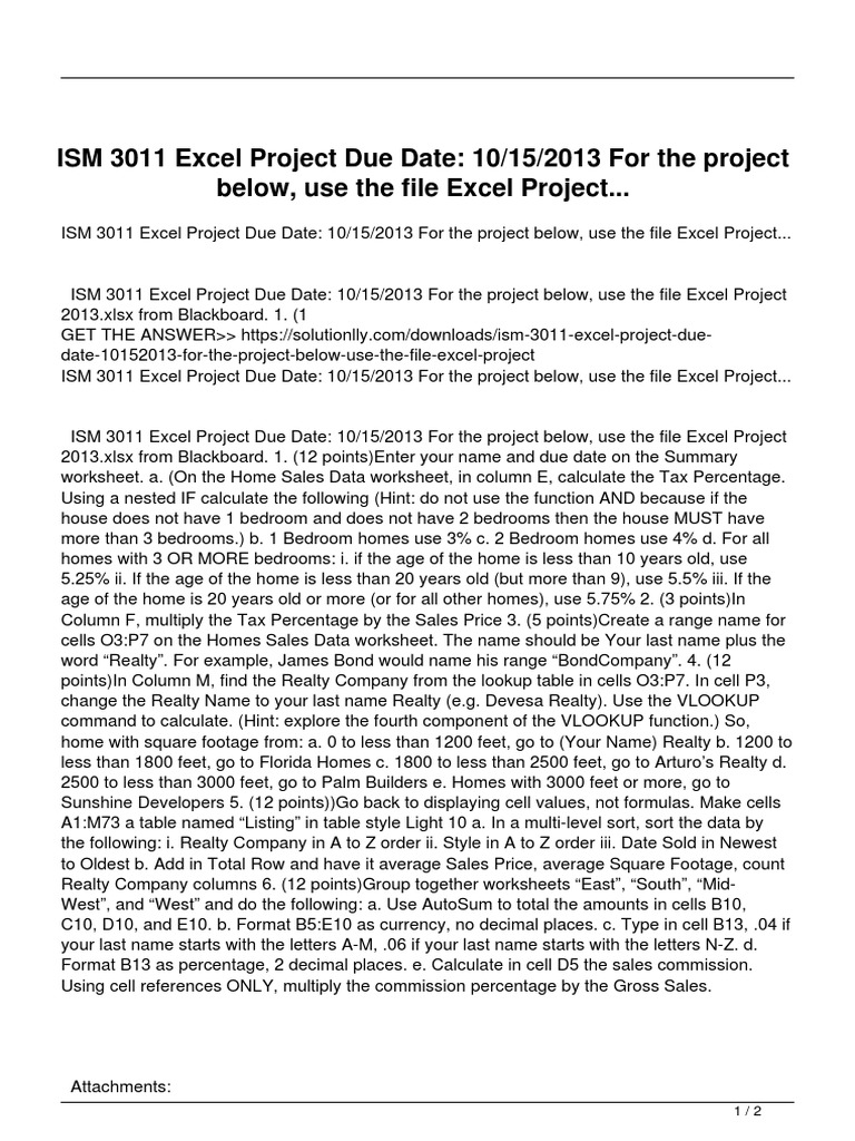 Ism 3011 Excel Project Due Date 10152013 For The Project Below Use The File Excel Project PDF ...