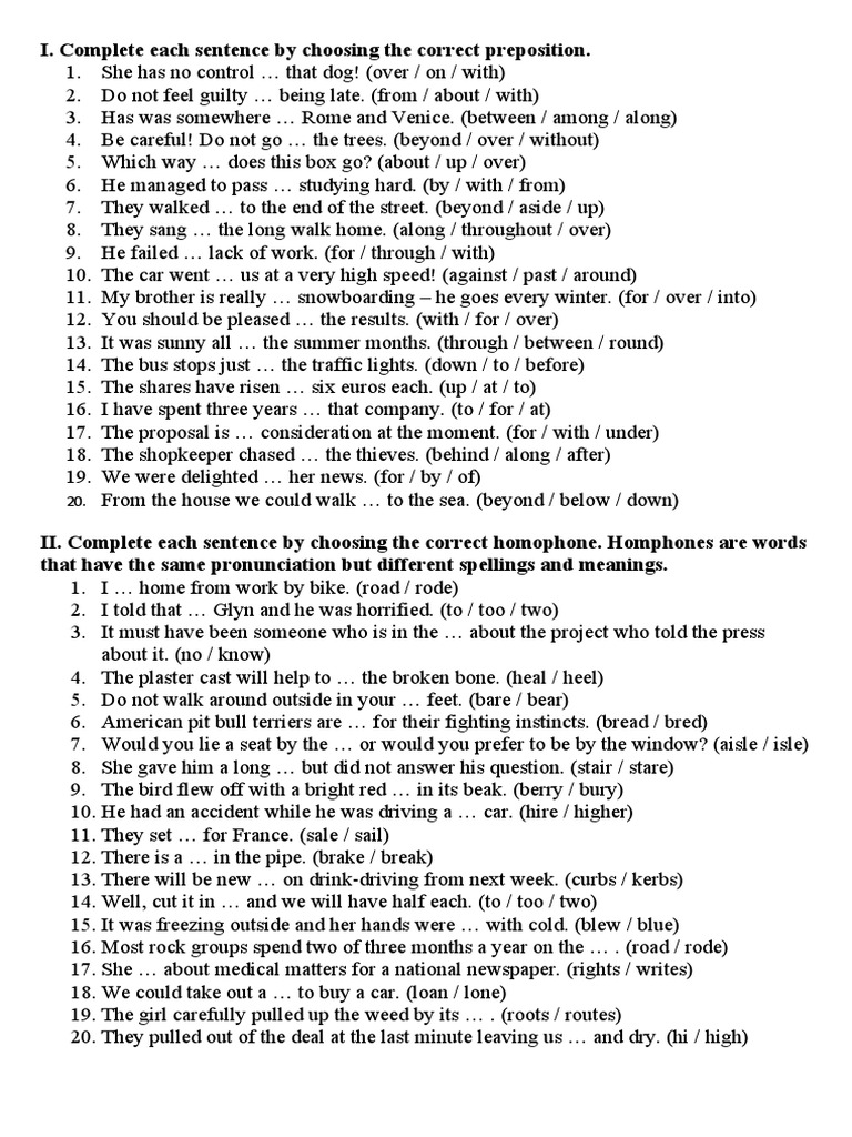I. Complete Each Sentence by Choosing The Correct Preposition | PDF