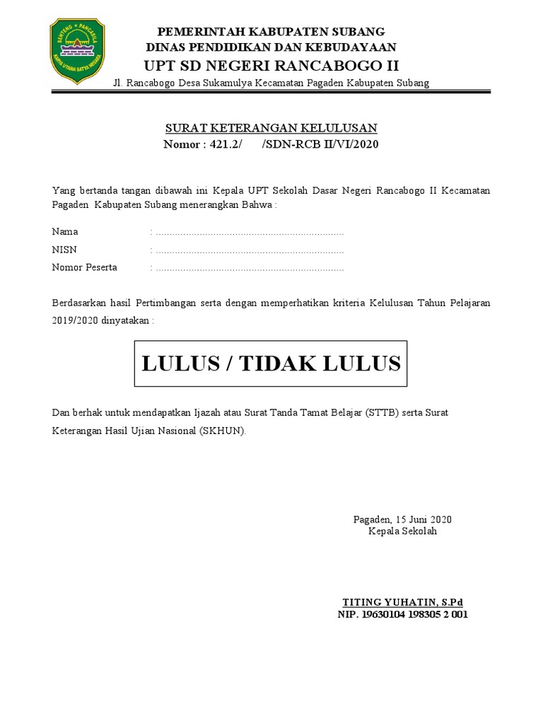 Contoh Surat Keterangan Lulus SD 2025 | PDF