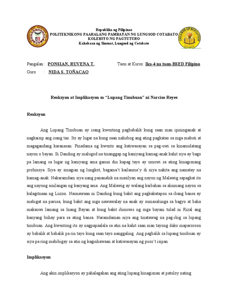 Implikasyon at Reaksyon Lupang Tinubuan - Ponsian, Ruvena | PDF