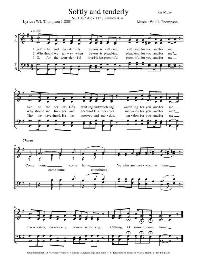 Softly and Tenderly - SE108 WL Thompson (G) (SATB) (EN) PDF | PDF ...