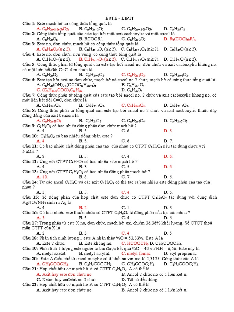 BÀI TẬP ESTE - LIPIT | PDF