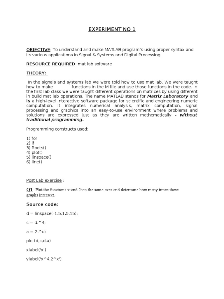 Experiment No 1: OBJECTIVE: To Understand and Make MATLAB Program's Using Proper Syntax and ...