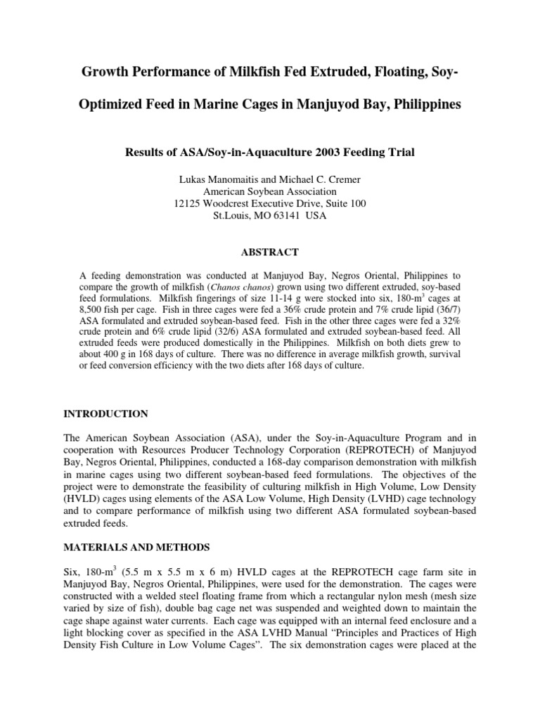Growth Performance of Milkfish Fed Extruded, Floating, Soy-Optimized ...