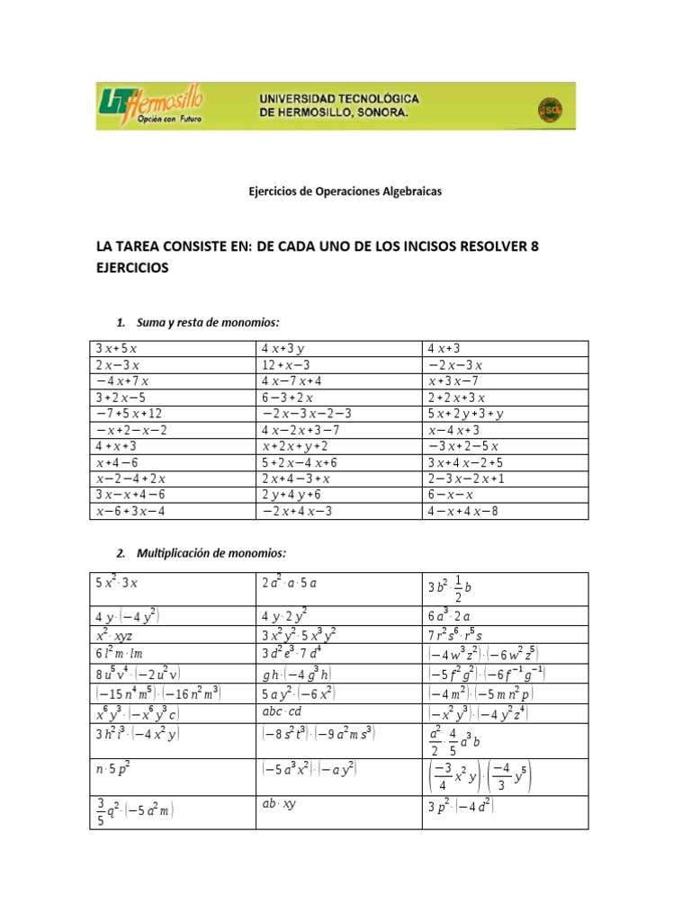 Ejer Op Alg | PDF | Álgebra | Enseñanza de matemática