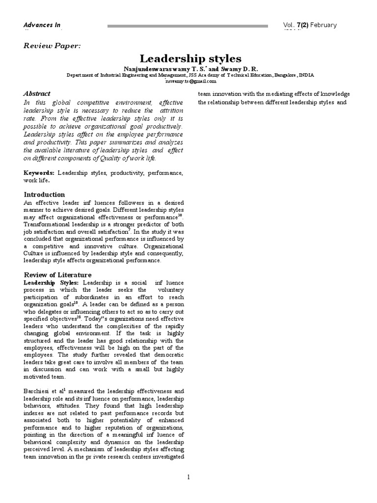 Leadership Styles: Review Paper | PDF | Transformational Leadership ...