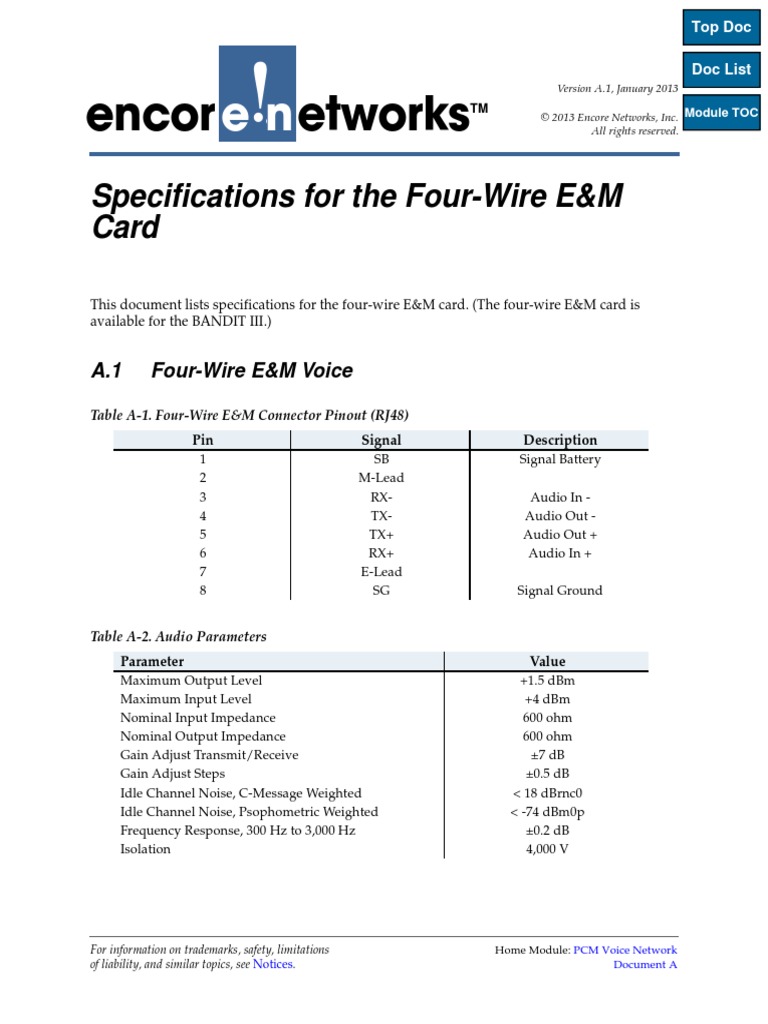 Encor Etworks: Specifications For The Four-Wire E&M Card | PDF ...