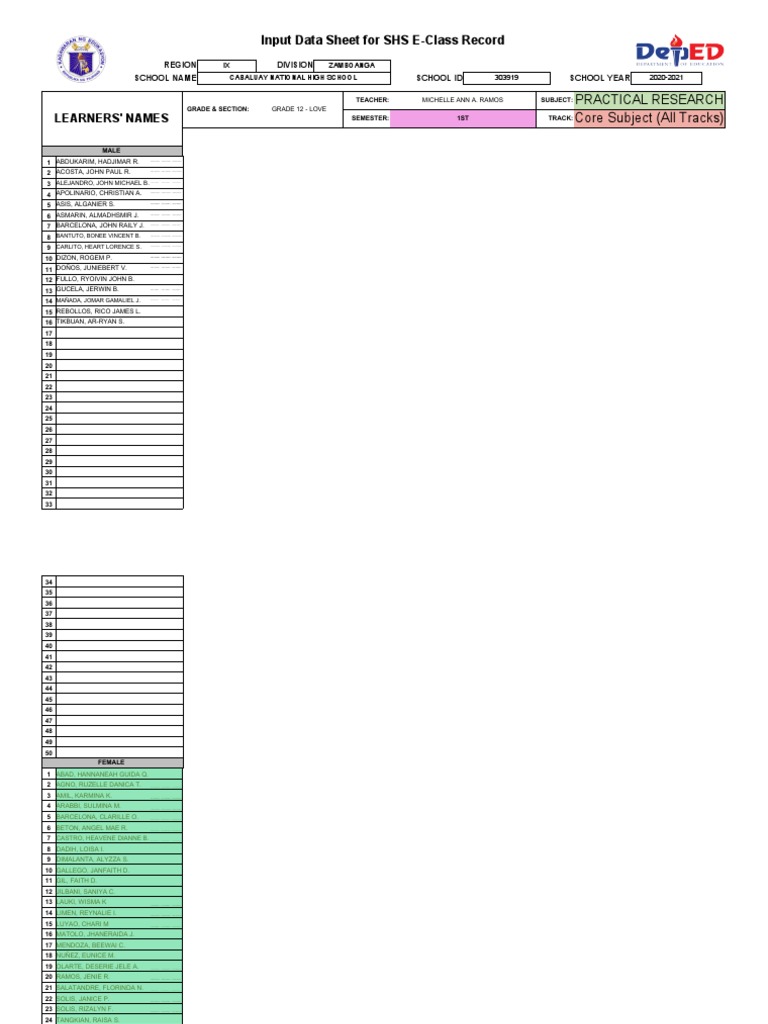 Input Data Sheet For SHS E-Class Record: Learners' Names | PDF