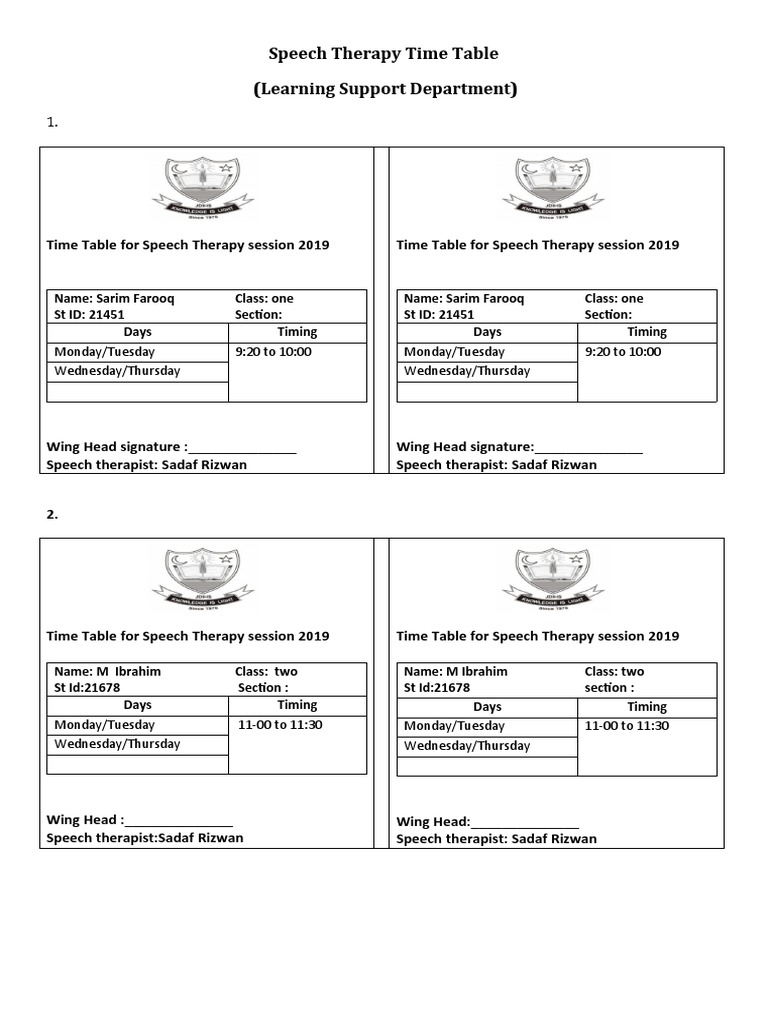 Speech Therapy Time Table (Learning Support Department) | PDF