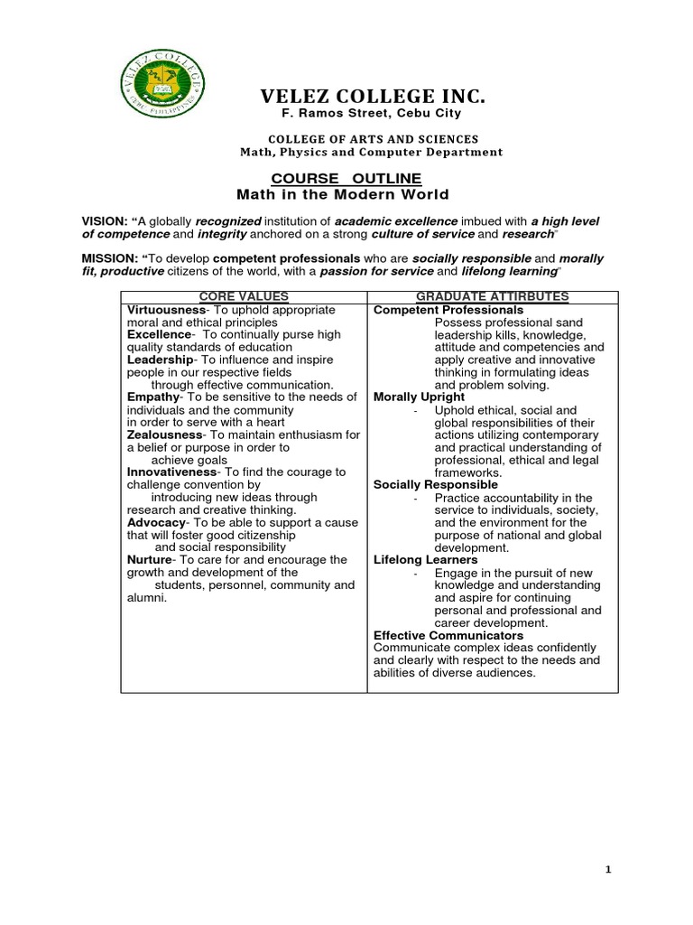 Velez College Inc.: Course Outline Math in The Modern World | PDF ...