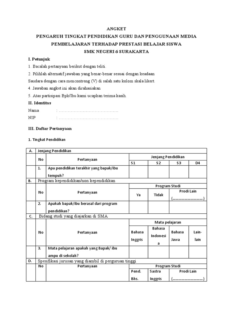 Draft Pertanyaan Angket | PDF
