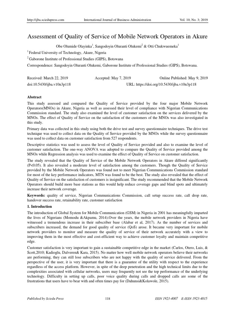 Assessment of Quality of Service of Mobile Network Operators in Akure ...