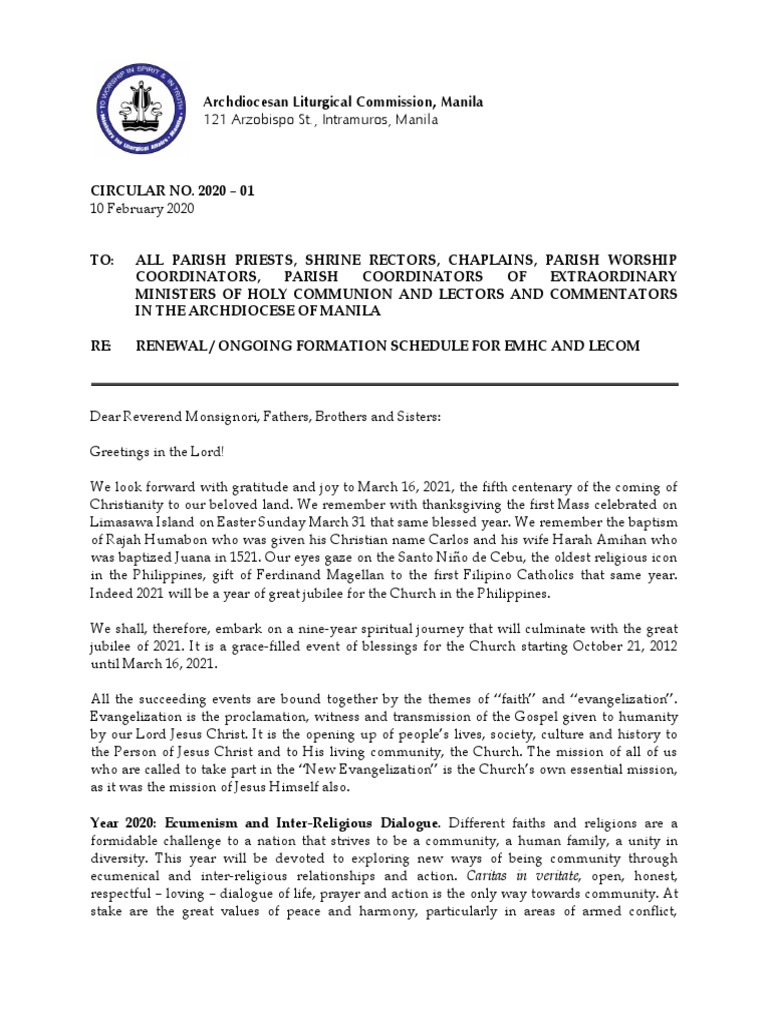 Cir 01 - Renewal Skeds - Emhc-Lecom | PDF | Christian Worship And Liturgy | Catholic Church