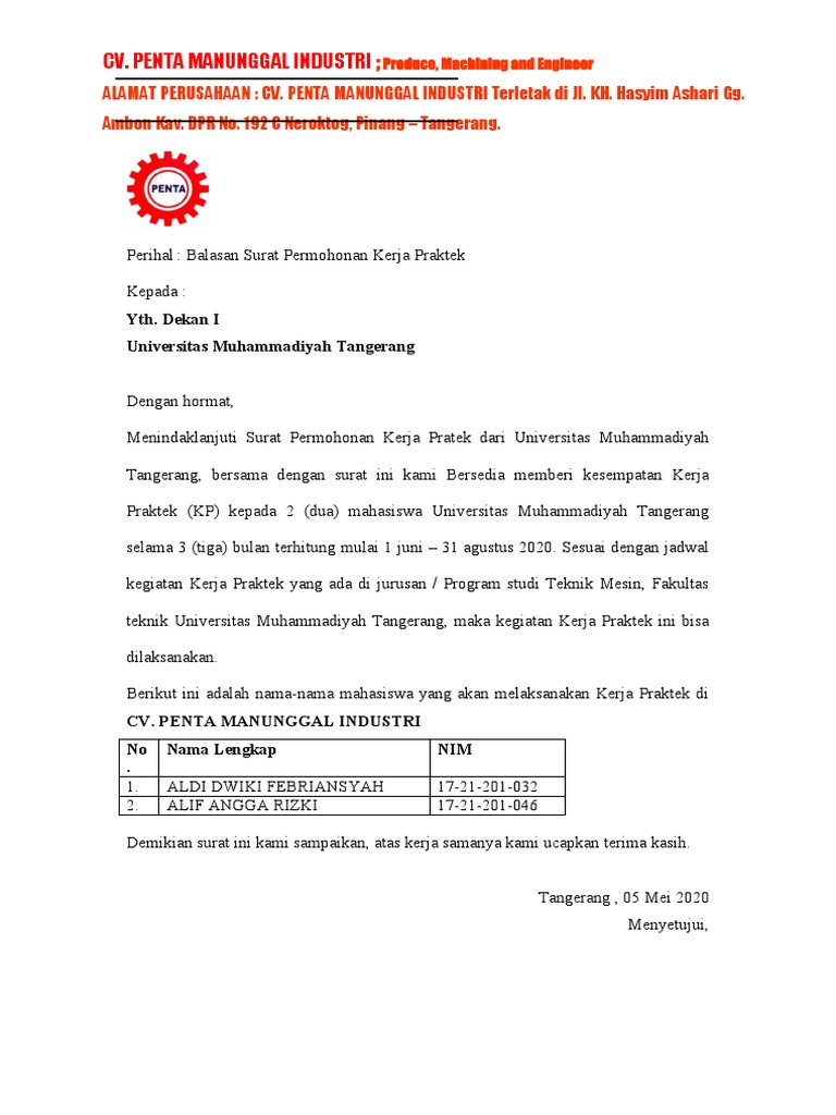 Surat Balasan Permohonan KP | PDF