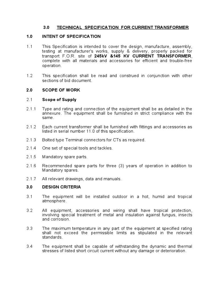 Current Transformer Technical Specification | PDF | Transformer | Insulator (Electricity)