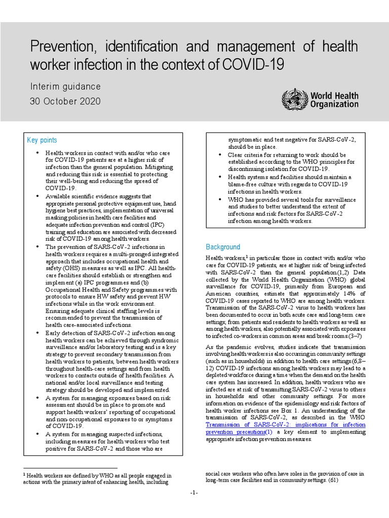 Prevention, Identification and Management of Health Worker Infection in ...