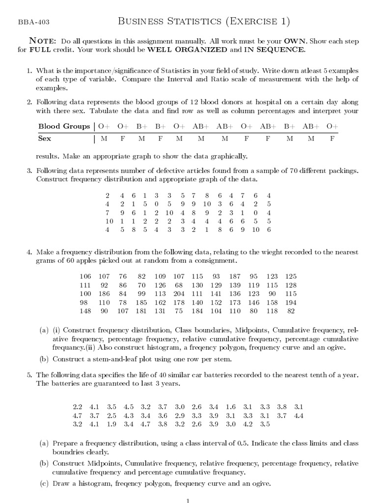Business Statistics (Exercise 1) | PDF | Mean | Statistical Analysis