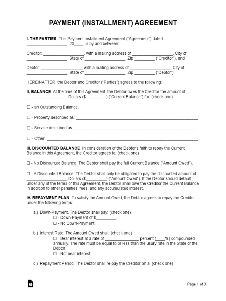 Installment Payment Agreement Template | PDF | Debtor | Social Institutions