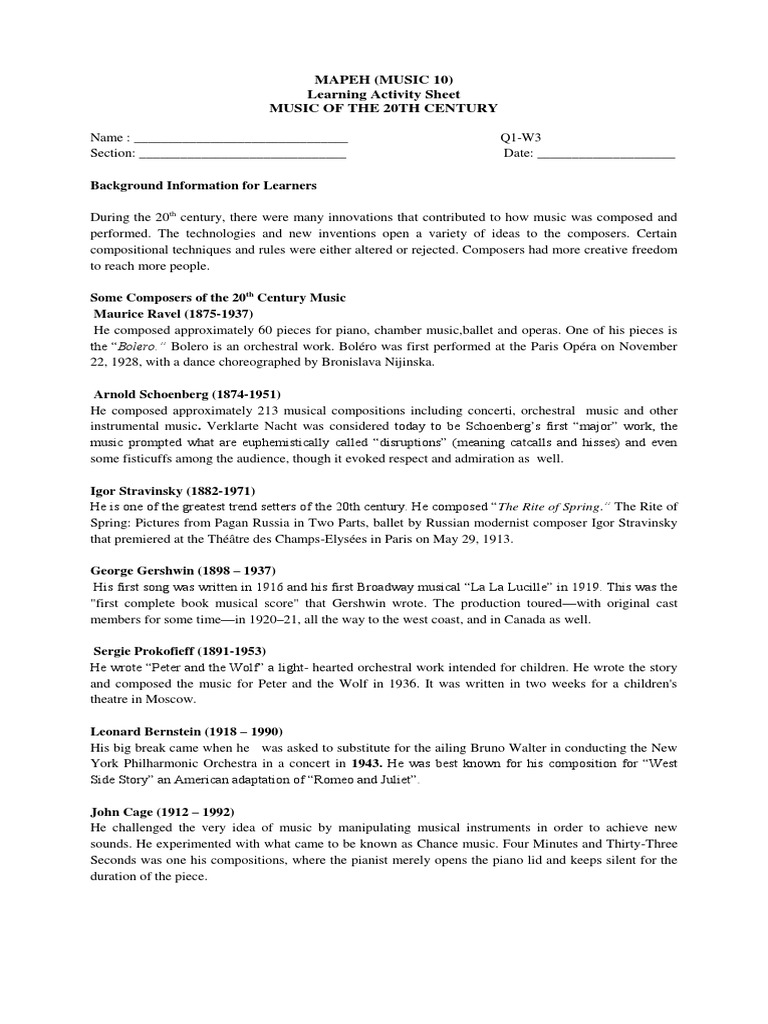 Mapeh (Music 10) Learning Activity Sheet Music of The 20Th Century ...
