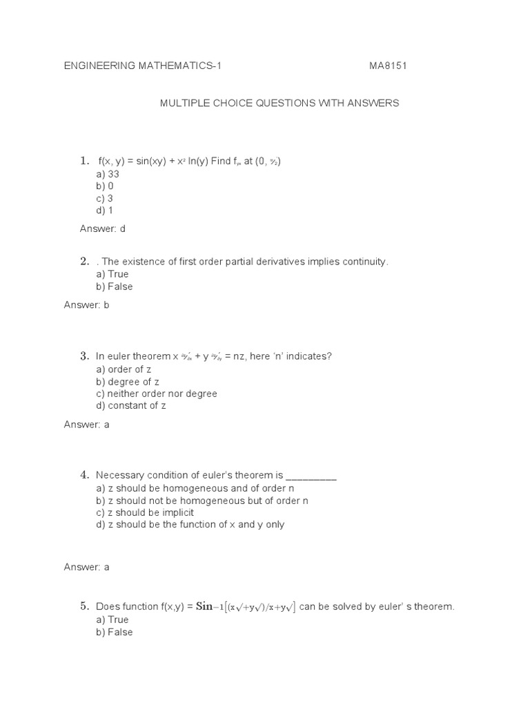 Multiple Choice Questions on Engineering Mathematics Topics Including ...