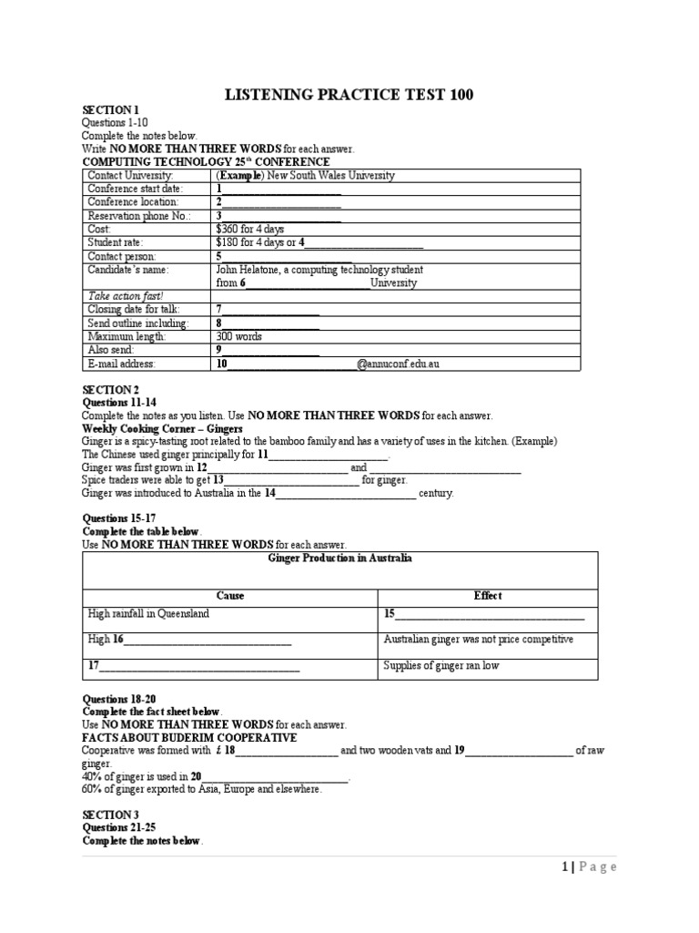 Listening Practice Test 100 | PDF | Ginger | Australia