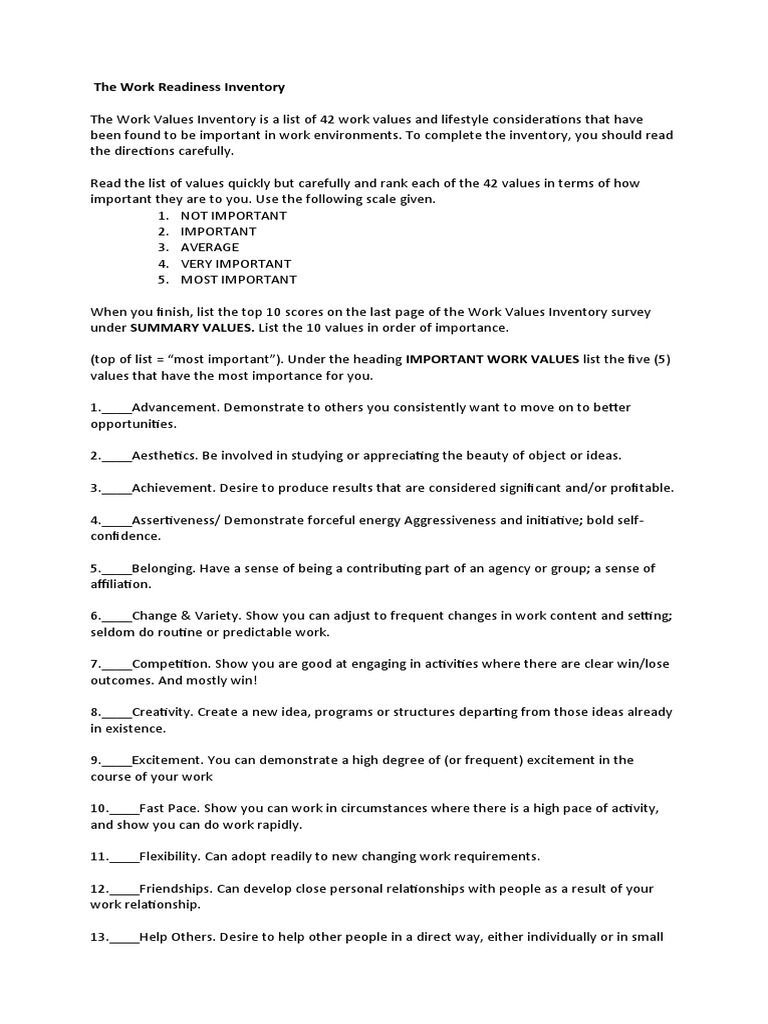 Work Readiness Inventory | PDF | Goal | Information