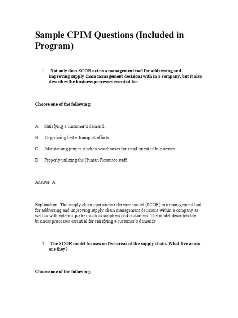 Sample CPIM Questions (Included in Program) | PDF | Supply Chain | E ...